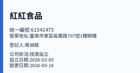紅紅食品的照片-統編 61541475(臺南市) 公司登記資料與營業項目詳細圖表