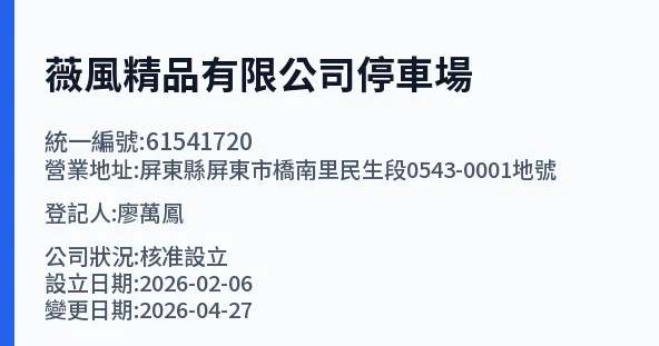 薇風精品有限公司停車場的照片-統編 61541720(屏東縣) 公司登記資料與營業項目詳細圖表