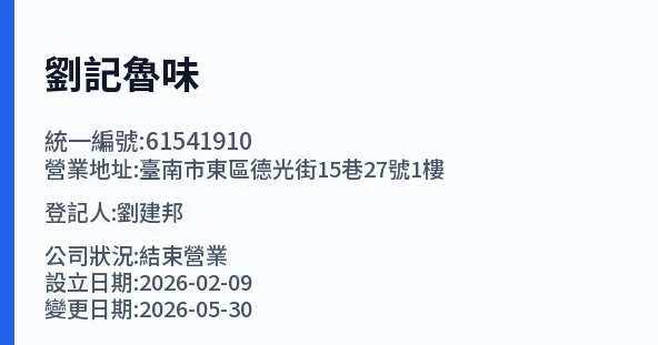 劉記魯味的照片-統編 61541910(臺南市) 公司登記資料與營業項目詳細圖表