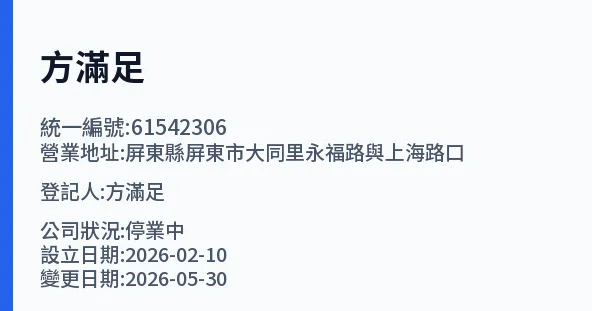 方滿足的照片-統編 61542306(屏東縣) 公司登記資料與營業項目詳細圖表