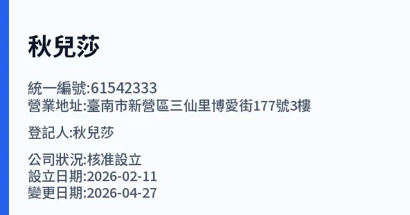 秋兒莎的照片-統編 61542333(臺南市) 公司登記資料與營業項目詳細圖表