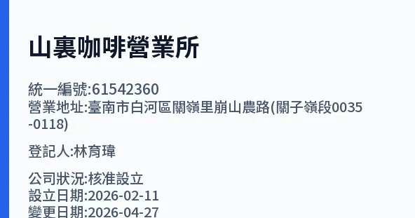 山裏咖啡營業所的照片-統編 61542360(臺南市) 公司登記資料與營業項目詳細圖表
