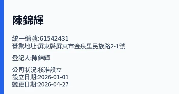 陳錦輝的照片-統編 61542431(屏東縣) 公司登記資料與營業項目詳細圖表