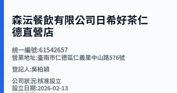 森沄餐飲有限公司日希好茶仁德直營店的照片-統編 61542657(臺南市) 公司登記資料與營業項目詳細圖表