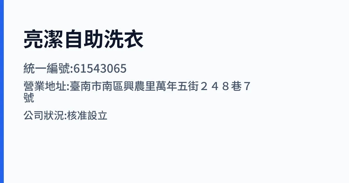 亮潔自助洗衣 - 統編 61543065(臺南市) 公司登記資料與營業項目詳細圖表