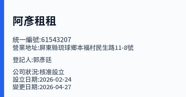 阿彥租租的照片-統編 61543207(屏東縣) 公司登記資料與營業項目詳細圖表