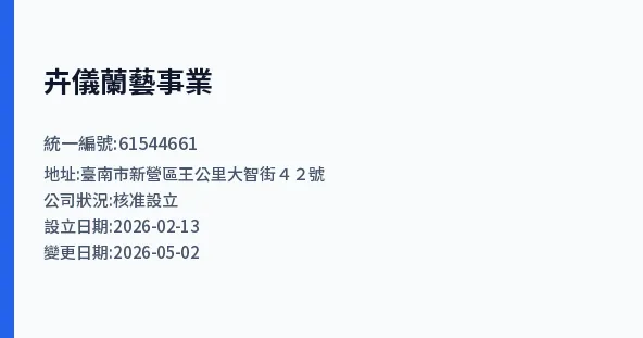 卉儀蘭藝事業的照片-統編 61544661(臺南市) 公司登記資料與營業項目詳細圖表