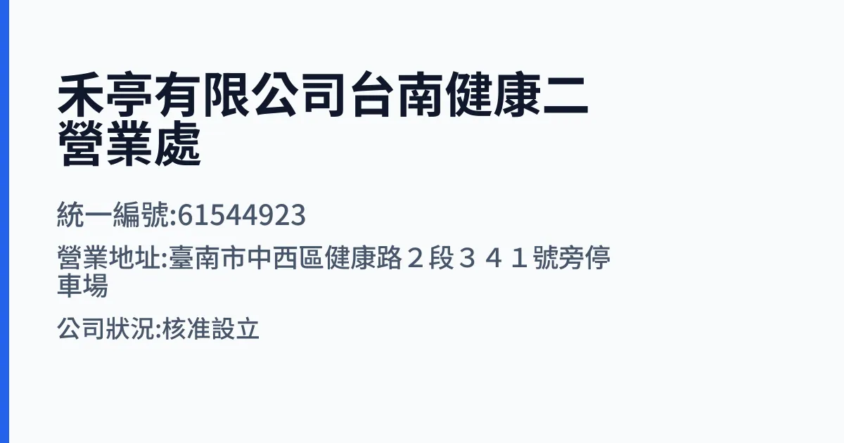 禾亭有限公司台南健康二營業處 - 統編 61544923(臺南市) 公司登記資料與營業項目詳細圖表