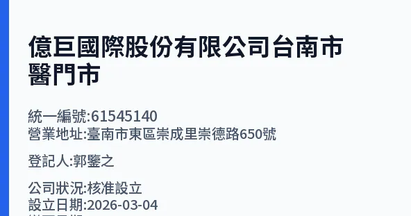 億巨國際股份有限公司台南市醫門市的照片-統編 61545140(臺南市) 公司登記資料與營業項目詳細圖表