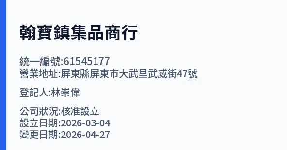 翰寶鎮集品商行的照片-統編 61545177(屏東縣) 公司登記資料與營業項目詳細圖表