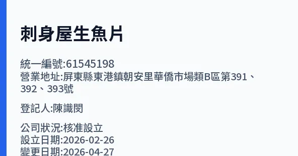 刺身屋生魚片的照片-統編 61545198(屏東縣) 公司登記資料與營業項目詳細圖表