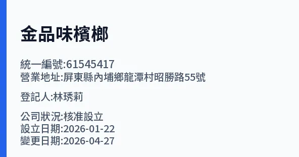 金品味檳榔的照片-統編 61545417(屏東縣) 公司登記資料與營業項目詳細圖表