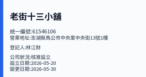 老街十三小舖的照片-統編 61546106(澎湖縣) 公司登記資料與營業項目詳細圖表