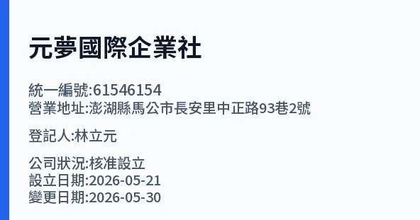 元夢國際企業社的照片-統編 61546154(澎湖縣) 公司登記資料與營業項目詳細圖表