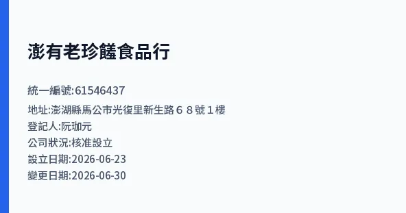 澎有老珍饈食品行的照片-統編 61546437(澎湖縣) 公司登記資料與營業項目詳細圖表