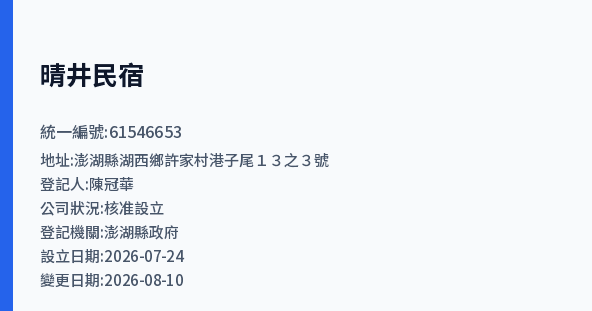 晴井民宿的照片-統編 61546653(澎湖縣) 公司登記資料與營業項目詳細圖表