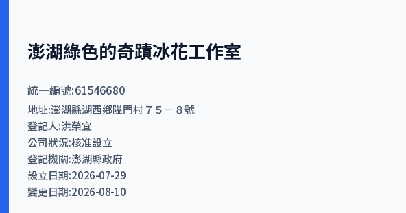 澎湖綠色的奇蹟冰花工作室的照片-統編 61546680(澎湖縣) 公司登記資料與營業項目詳細圖表