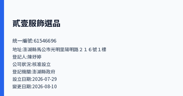 貳壹服飾選品的照片-統編 61546696(澎湖縣) 公司登記資料與營業項目詳細圖表