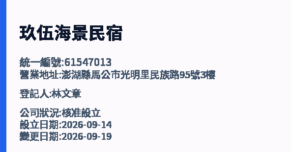 玖伍海景民宿的照片-統編 61547013(澎湖縣) 公司登記資料與營業項目詳細圖表