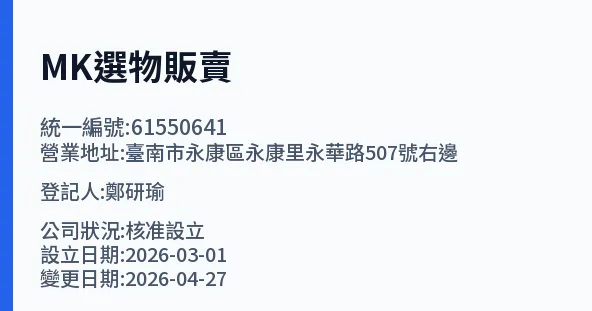 MK選物販賣的照片-統編 61550641(臺南市) 公司登記資料與營業項目詳細圖表