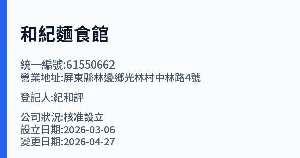 和紀麵食館的照片-統編 61550662(屏東縣) 公司登記資料與營業項目詳細圖表