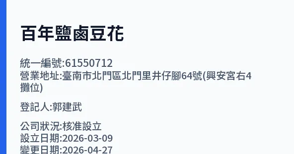 百年鹽鹵豆花的照片-統編 61550712(臺南市) 公司登記資料與營業項目詳細圖表