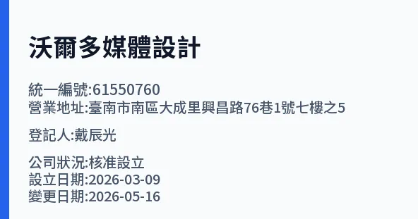 沃爾多媒體設計的照片-統編 61550760(臺南市) 公司登記資料與營業項目詳細圖表