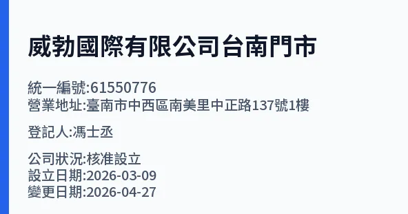 威勃國際有限公司台南門市的照片-統編 61550776(臺南市) 公司登記資料與營業項目詳細圖表
