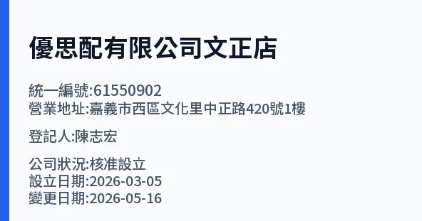 優思配有限公司文正店的照片-統編 61550902(嘉義市) 公司登記資料與營業項目詳細圖表
