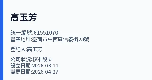 高玉芳的照片-統編 61551070(臺南市) 公司登記資料與營業項目詳細圖表