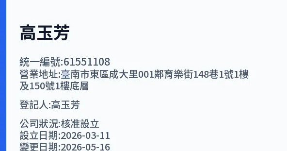 高玉芳的照片-統編 61551108(臺南市) 公司登記資料與營業項目詳細圖表