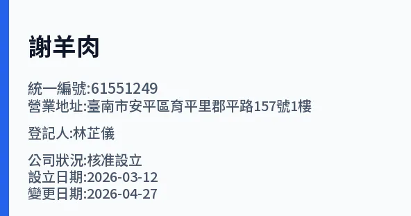 謝羊肉的照片-統編 61551249(臺南市) 公司登記資料與營業項目詳細圖表