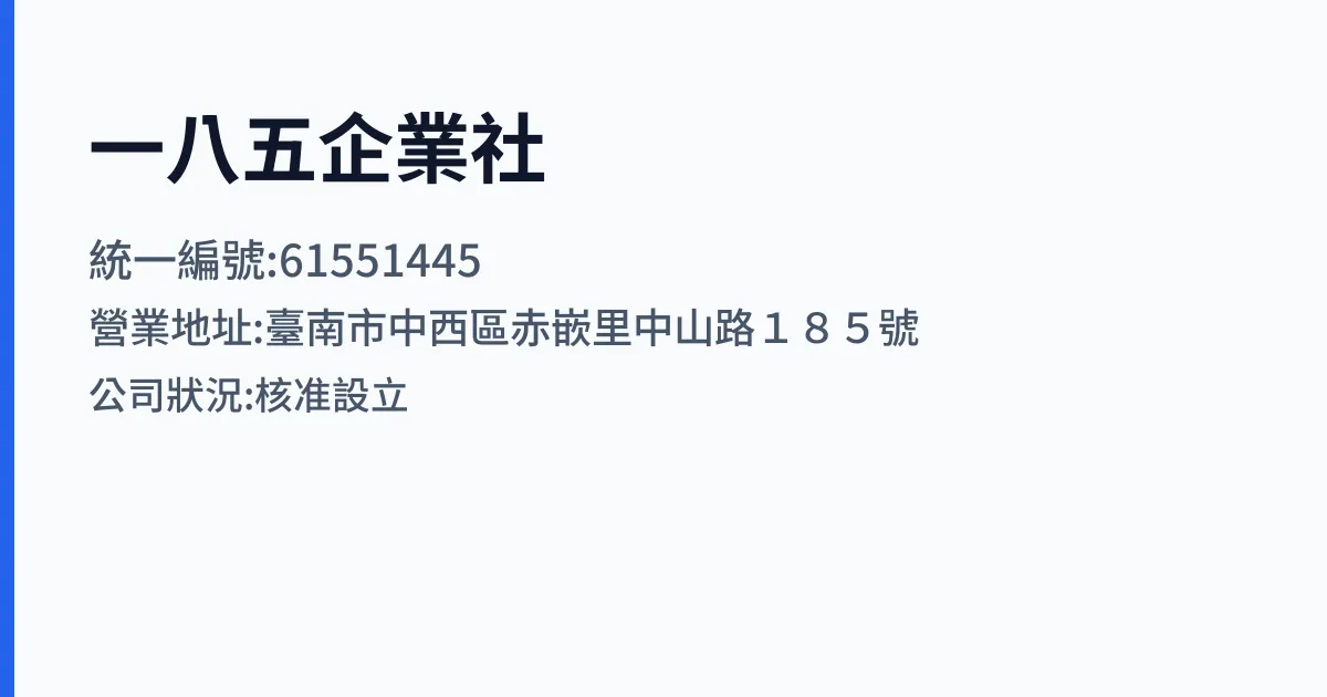 一八五企業社 - 統編 61551445(臺南市) 公司登記資料與營業項目詳細圖表