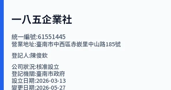 一八五企業社的照片-統編 61551445(臺南市) 公司登記資料與營業項目詳細圖表
