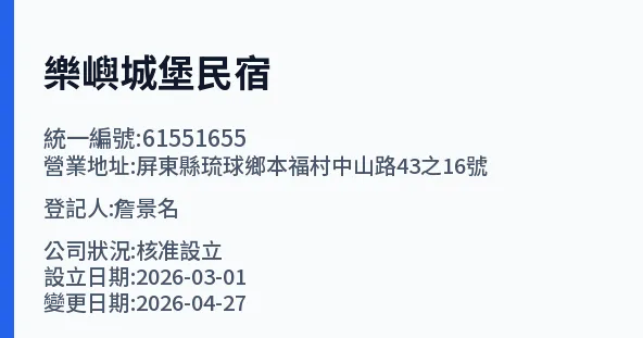 樂嶼城堡民宿的照片-統編 61551655(屏東縣) 公司登記資料與營業項目詳細圖表