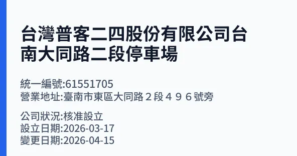 台灣普客二四股份有限公司台南大同路二段停車場的照片-統編 61551705(臺南市) 公司登記資料與營業項目詳細圖表