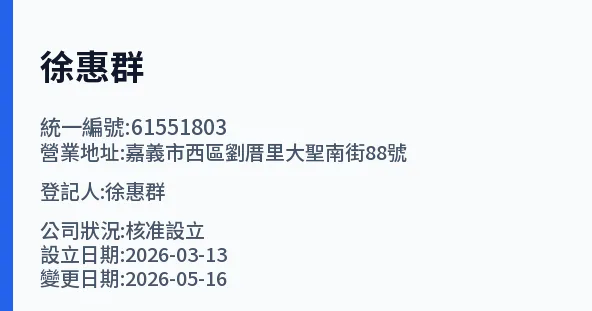 徐惠群的照片-統編 61551803(嘉義市) 公司登記資料與營業項目詳細圖表