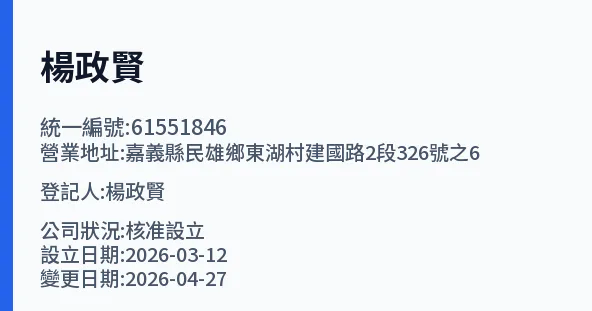 楊政賢的照片-統編 61551846(嘉義縣) 公司登記資料與營業項目詳細圖表