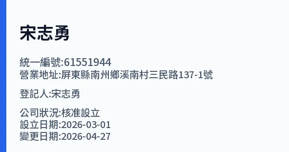 宋志勇的照片-統編 61551944(屏東縣) 公司登記資料與營業項目詳細圖表