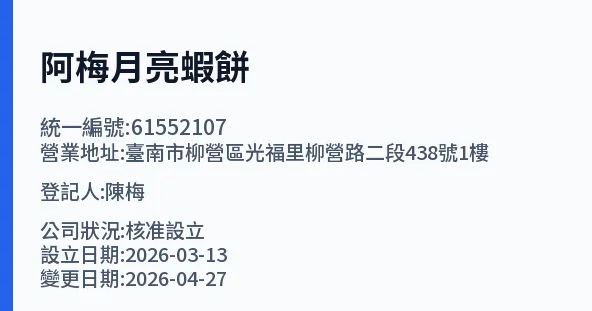 阿梅月亮蝦餅的照片-統編 61552107(臺南市) 公司登記資料與營業項目詳細圖表