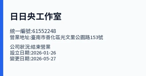 日日央工作室的照片-統編 61552248(臺南市) 公司登記資料與營業項目詳細圖表