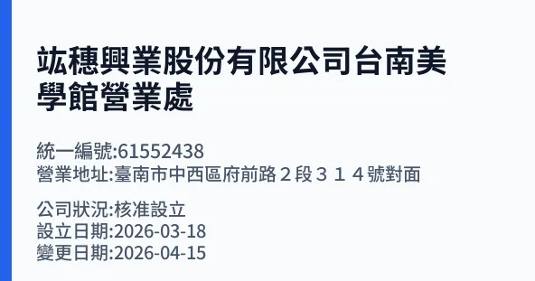 竑穗興業股份有限公司台南美學館營業處的照片-統編 61552438(臺南市) 公司登記資料與營業項目詳細圖表