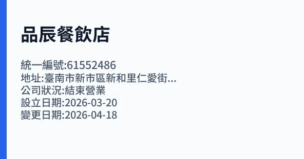品辰餐飲店的照片-統編 61552486(臺南市) 公司登記資料與營業項目詳細圖表