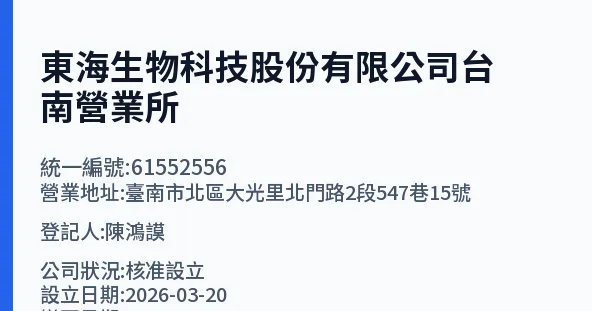 東海生物科技股份有限公司台南營業所的照片-統編 61552556(臺南市) 公司登記資料與營業項目詳細圖表