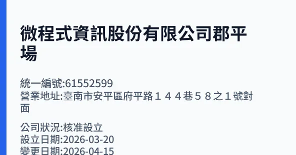 微程式資訊股份有限公司郡平場的照片-統編 61552599(臺南市) 公司登記資料與營業項目詳細圖表