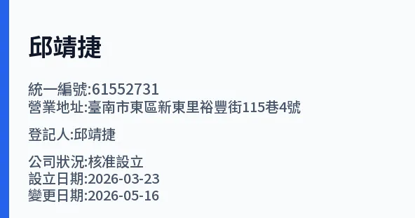 邱靖捷的照片-統編 61552731(臺南市) 公司登記資料與營業項目詳細圖表