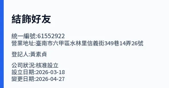 結飾好友的照片-統編 61552922(臺南市) 公司登記資料與營業項目詳細圖表