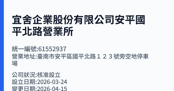 宜舍企業股份有限公司安平國平北路營業所的照片-統編 61552937(臺南市) 公司登記資料與營業項目詳細圖表