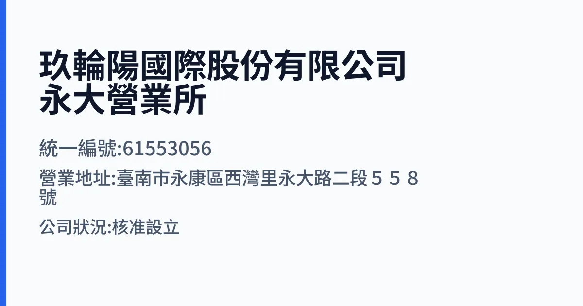 玖輪陽國際股份有限公司永大營業所 - 統編 61553056(臺南市) 公司登記資料與營業項目詳細圖表