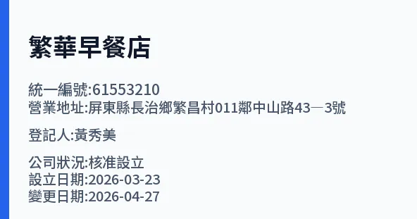 繁華早餐店的照片-統編 61553210(屏東縣) 公司登記資料與營業項目詳細圖表